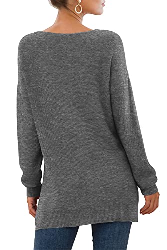 GRECERELLE Women's V-Neck Long Sleeve Side Split Loose Casual Knit Pullover Sweater Blouse Dark Gray-Medium