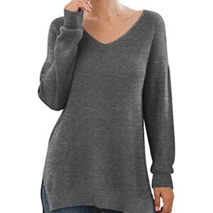 GRECERELLE Women's V-Neck Long Sleeve Side Split Loose Casual Knit Pullover Sweater Blouse Dark Gray-Medium