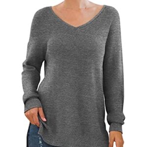 GRECERELLE Women's V-Neck Long Sleeve Side Split Loose Casual Knit Pullover Sweater Blouse Dark Gray-Medium