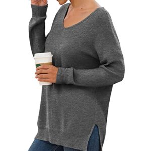 GRECERELLE Women's V-Neck Long Sleeve Side Split Loose Casual Knit Pullover Sweater Blouse Dark Gray-Medium