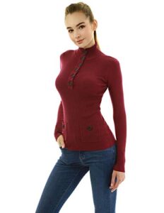 amélieboutik women button up v neck ribbed pullover sweater with pocket (burgundy small)