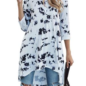 Naggoo Womens 3/4 Sleeve Hi Low V neck Long Blouses Tie Dye Print Loose Tunic Tops Shirts, Black White, XX-Large