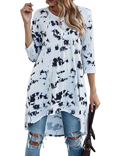 Naggoo Womens 3/4 Sleeve Hi Low V neck Long Blouses Tie Dye Print Loose Tunic Tops Shirts, Black White, XX-Large