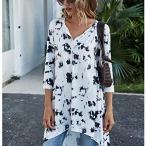 Naggoo Womens 3/4 Sleeve Hi Low V neck Long Blouses Tie Dye Print Loose Tunic Tops Shirts, Black White, XX-Large