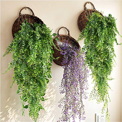 HAPLIA Artificial Plants Vines Ferns Persian Rattan Fake Plant Faux Hanging Boston Fern Flowers Vine Outdoor UV Resistant Plastic Plants for Wall Indoor Hanging Baskets Wedding Garland Decor-2 pcs