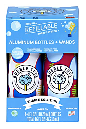 Sustainable Bubble Tree Original Refillable Bubble System Aluminum Bottles (4 Pack of Bubble Solution Made in The USA)