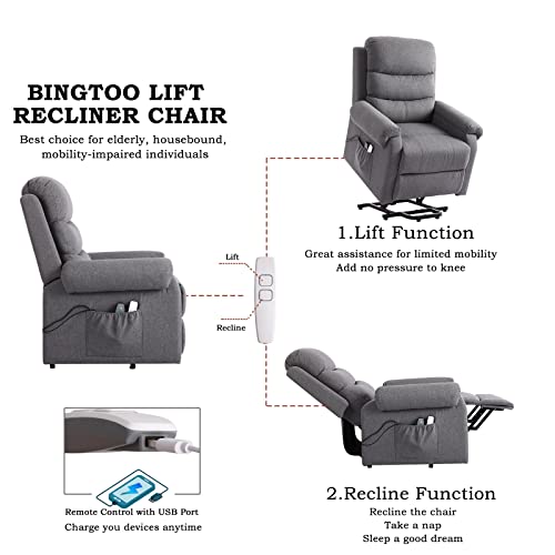 BINGTOO Power Lift Recliner Chair with Massage and Heat, Electric Recliners for Elderly, Fabric Heated Vibration Massage Sofa Living Room Chair with USB Port, Remote Control, Cuoholder, 2 Side Pockets