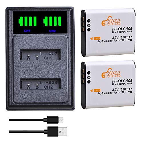 Pickle Power 2 Pack LI-92B LI-90B Battery and LED Dual Charger Compatible with Olympus Tough TG-5 TG-6 TG-4 TG-3 TG-2 TG-1 TG-Tracker SH-50 iHS SH-60 XZ-2 iHS SH-1 SH-2 SP-100 (Not for SP-700)