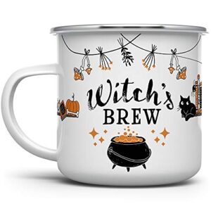 halloween fall autumn season enamel campfire mug, witch's brew outdoor camping coffee cup, gift for friend, mom, sister, coworker (12oz)