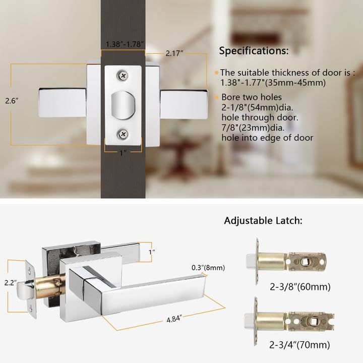 Probrico 5 Pack Hall & Closet Passage Door Levers Non-Locking Polished Chrome Handleset Keyless Feature Modern Square Door Handles Interior Heavy Duty Hardware