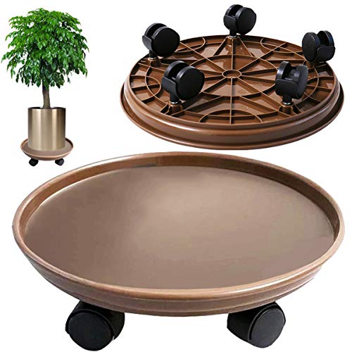 14inch Plant Stand with 5 Wheels, Brown Plant Caddy, Round Flower Pot Mover, Indoor Rolling Planter Dolly on Wheels, Outdoor Planter Trolley Casters Rolling Plant Tray (1pcs)