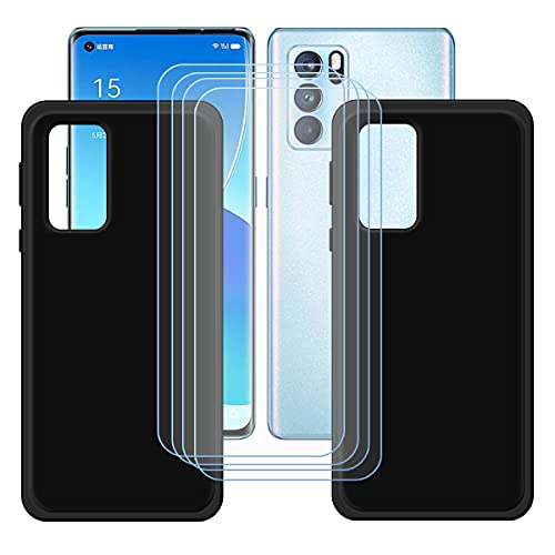 FZZSZS Case for Oppo Reno 6 Pro 5G + 4 Pcs Tempered Glass Screen Protector Protective Film,2 Pack Slim Black Soft Gel TPU Silicone Protection Case Cover for Oppo Reno 6 Pro 5G (6.55")