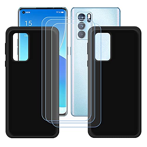 FZZSZS Case for Oppo Reno 6 Pro 5G + 3 Pcs Tempered Glass Screen Protector Protective Film,2 Pack Slim Black Soft Gel TPU Silicone Protection Case Cover for Oppo Reno 6 Pro 5G (6.55")