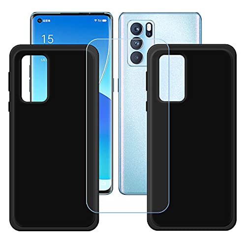 YZKJSZ Case for Oppo Reno 6 Pro 5G Cover + Screen Protector Tempered Glass Protective Film - [2 Pack] Soft Gel Black TPU Silicone Protection Case for Oppo Reno 6 Pro 5G (6.55")