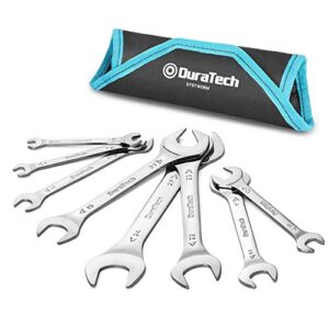 duratech super-thin open end wrench set, metric, 8-piece, including 5.5, 7, 8, 9, 10, 11, 12, 13, 14, 17, 19, 21, 22, 23, 24, 27 mm, slim spanner wrench set with rolling pouch