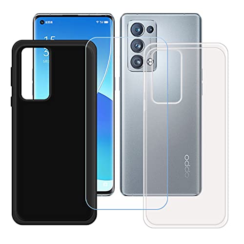 FZZSZS Case for Oppo Reno 6 Pro+ 5G + Tempered Glass Screen Protector Protective Film,Slim Transparent + Black Soft Gel TPU Silicone Protection Case Cover for Oppo Reno 6 Pro+ 5G (6.55")