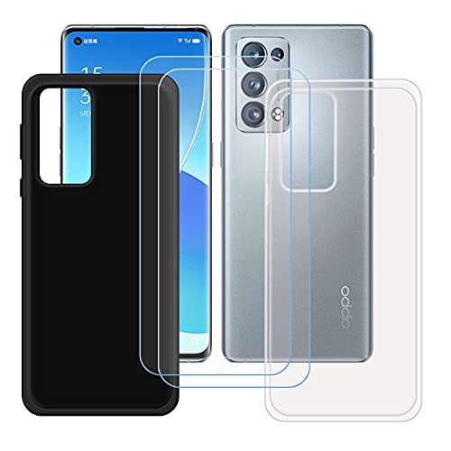 FZZSZS Case for Oppo Reno 6 Pro+ 5G + 2 Pack Tempered Glass Screen Protector Protective Film,Slim Transparent + Black Soft Gel TPU Silicone Protection Case Cover for Oppo Reno 6 Pro+ 5G (6.55")