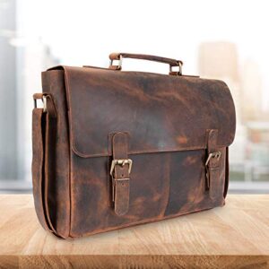 moonster Leather Messenger Bag for Men, Rustic Messenger Bag for Women – Handmade Full Grain Distressed Buffalo Leather – 16 Inch Laptop Bag with Padded Compartment, Pockets & Adjustable Strap