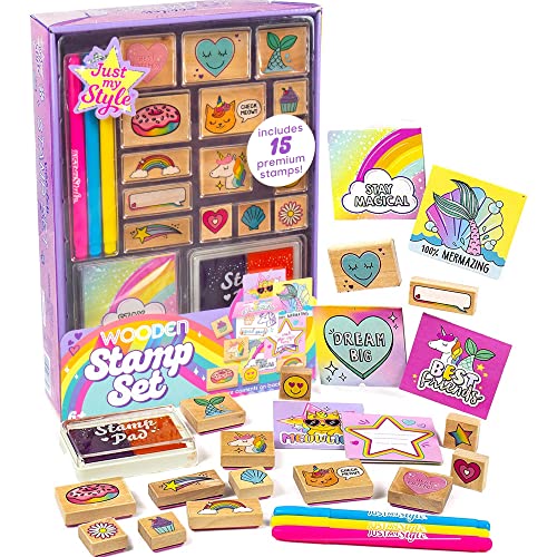 Just My Style Wood Stamp Set by Horizon Group USA, 15 Wooden Stamps, Scrapbooking Sheets, Colorful Markers, Stationery Set, 2-Tone Stamp Pad