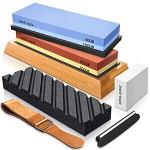 complete knife sharpening stone set – dual grit whetstone 400/1000 3000/8000 premium whetstone knife sharpener with leather strop, flattening stone, bamboo base, 3 non-slip rubber bases & angle guide