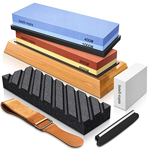 Complete Knife Sharpening Stone Set – Dual Grit Whetstone 400/1000 3000/8000 Premium Whetstone Knife Sharpener with Leather Strop, Flattening Stone, Bamboo Base, 3 Non-slip Rubber Bases & Angle Guide