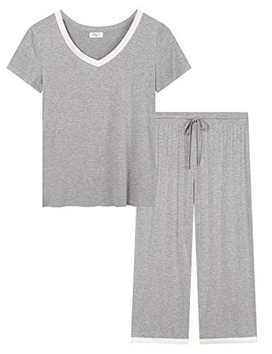 Joyaria Womens Summer Cooling Pajamas/Pjs Short Sleeve Capri Bamboo Pjs Ultra Soft Lightweight Sleepwears Set Petite (Light Gray, Small)