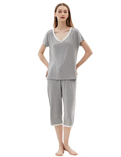 Joyaria Womens Summer Cooling Pajamas/Pjs Short Sleeve Capri Bamboo Pjs Ultra Soft Lightweight Sleepwears Set Petite (Light Gray, Small)