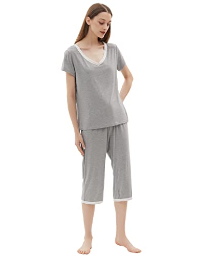 Joyaria Womens Summer Cooling Pajamas/Pjs Short Sleeve Capri Bamboo Pjs Ultra Soft Lightweight Sleepwears Set Petite (Light Gray, Small)