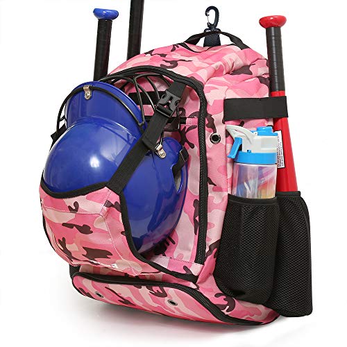 ZOEA Baseball Bat Bag Backpack, T-Ball & Softball Equipment & Gear for Youth and Adults, Large Capacity Holds 4 Bats, Helmet, Gloves, Cleats,Shoes Compartment & Helmet Holder (Camouflage Red)