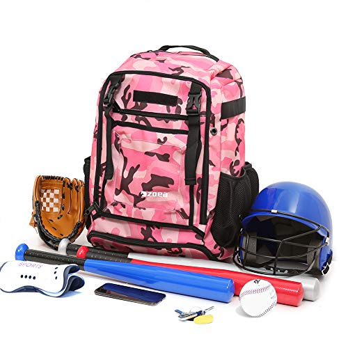 ZOEA Baseball Bat Bag Backpack, T-Ball & Softball Equipment & Gear for Youth and Adults, Large Capacity Holds 4 Bats, Helmet, Gloves, Cleats,Shoes Compartment & Helmet Holder (Camouflage Red)