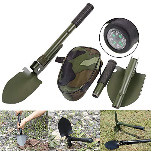 Hovico Military Portable Folding Shovel and Pickax, Small Compact Pickaxe with Carrying Pouch, Military Entrenching Survival Multitool for Camping, Hiking, Backpacking, Pouch Included - Green