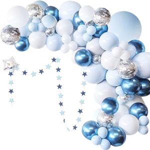 blue balloon garland arch kit, metallic blue white and silver confetti latex balloons for baby shower birthday wedding graduation anniversary frozen winter wonderland party background decorations