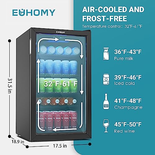 EUHOMY Beverage Refrigerator and Cooler, 126 Can Mini fridge with Glass Door, Small Refrigerator with Adjustable Shelves for Soda Beer or Wine, Perfect for Home/Bar/Office, Mini Refrigerators (Black)