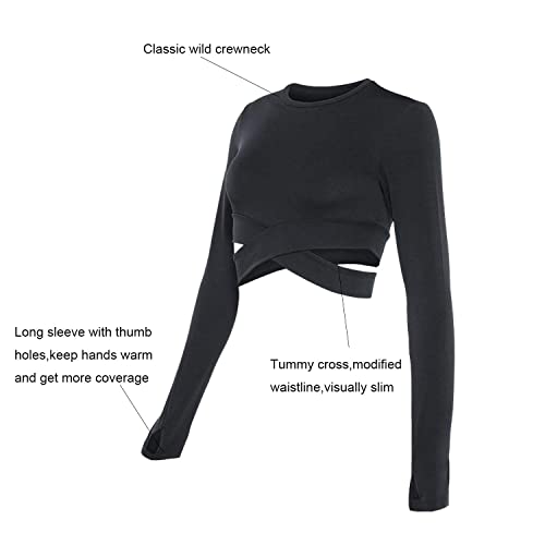 DREAM SLIM Women Long Sleeve Crop Tops Tummy Cross Crewneck Yoga Running Shirts Gym Workout Crop Tops with Thumb Holes (Black Long, M)