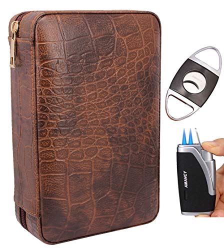 AMANCY Manly Black Brown Crocodile Pattern Leather Travel Cedar Wood Lined 4 Cigar Humidor Case, Included Cigar Cutter and Lighter Set