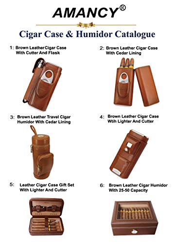 AMANCY Manly Black Brown Crocodile Pattern Leather Travel Cedar Wood Lined 4 Cigar Humidor Case, Included Cigar Cutter and Lighter Set