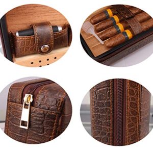 AMANCY Manly Black Brown Crocodile Pattern Leather Travel Cedar Wood Lined 4 Cigar Humidor Case, Included Cigar Cutter and Lighter Set