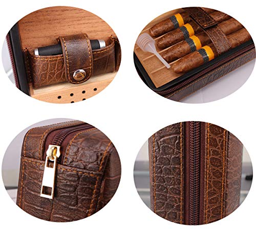 AMANCY Manly Black Brown Crocodile Pattern Leather Travel Cedar Wood Lined 4 Cigar Humidor Case, Included Cigar Cutter and Lighter Set