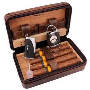 AMANCY Manly Black Brown Crocodile Pattern Leather Travel Cedar Wood Lined 4 Cigar Humidor Case, Included Cigar Cutter and Lighter Set