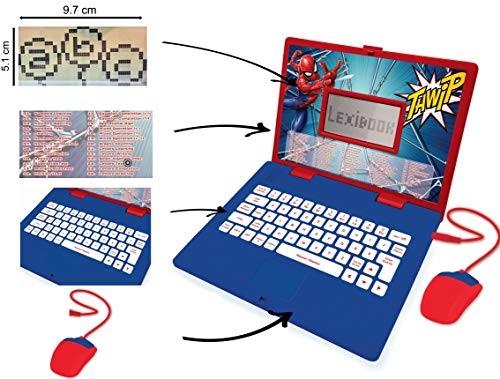 LEXiBOOK Disney Marvel Spider-Man - Educational and Bilingual Laptop French/English - Toy for Child Kid (Boys & Girls) 124 Activities, Learn Play Games and Music- Blue/Red, JC598SPi1