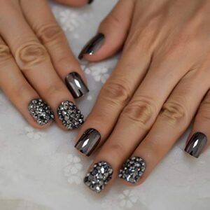 Coolnail Punk Dark Smoky Gray Reflective Mirror Metal Plating False French Nail Tips Punk Metallic Diamond Fake Nails With Glue Sticker