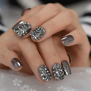 coolnail punk dark smoky gray reflective mirror metal plating false french nail tips punk metallic diamond fake nails with glue sticker