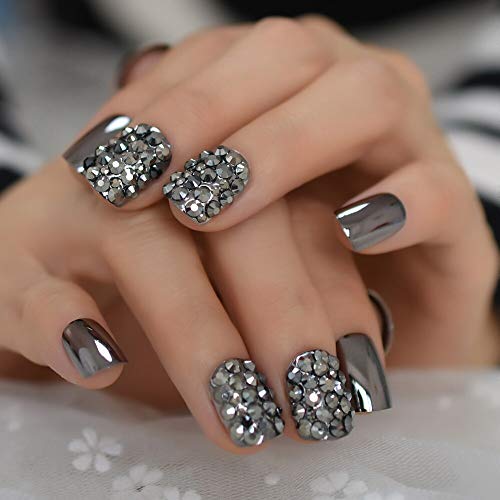 Coolnail Punk Dark Smoky Gray Reflective Mirror Metal Plating False French Nail Tips Punk Metallic Diamond Fake Nails With Glue Sticker