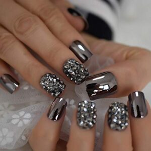 Coolnail Punk Dark Smoky Gray Reflective Mirror Metal Plating False French Nail Tips Punk Metallic Diamond Fake Nails With Glue Sticker