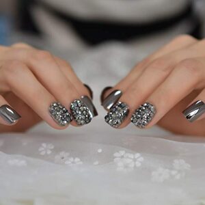 Coolnail Punk Dark Smoky Gray Reflective Mirror Metal Plating False French Nail Tips Punk Metallic Diamond Fake Nails With Glue Sticker