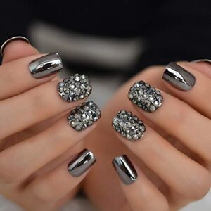 Coolnail Punk Dark Smoky Gray Reflective Mirror Metal Plating False French Nail Tips Punk Metallic Diamond Fake Nails With Glue Sticker