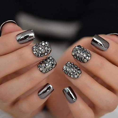 Coolnail Punk Dark Smoky Gray Reflective Mirror Metal Plating False French Nail Tips Punk Metallic Diamond Fake Nails With Glue Sticker