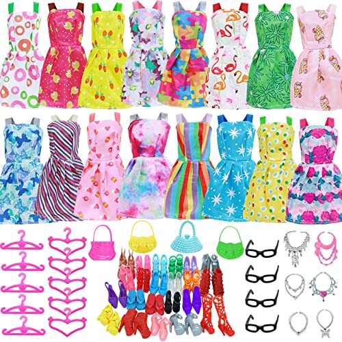 BJDBUS 42 pcs Doll Clothes and Accessories Including 10 pcs Fashion Mini Dresses 32 pcs Shoes, Glasses, Necklaces, Handbag, Hangers Accessories for 11.5 Inch Girl Doll