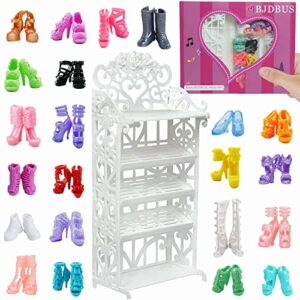 bjdbus 1 doll shoes rack shelf + 20 pairs shoes set accessories high heel boots sandals assorted furniture for 11.5 inch girl doll