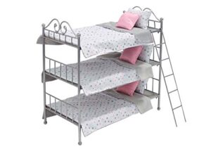 badger basket toy scrollwork metal triple doll bunk bed with ladder and bedding for 18 inch dolls - silver/pink